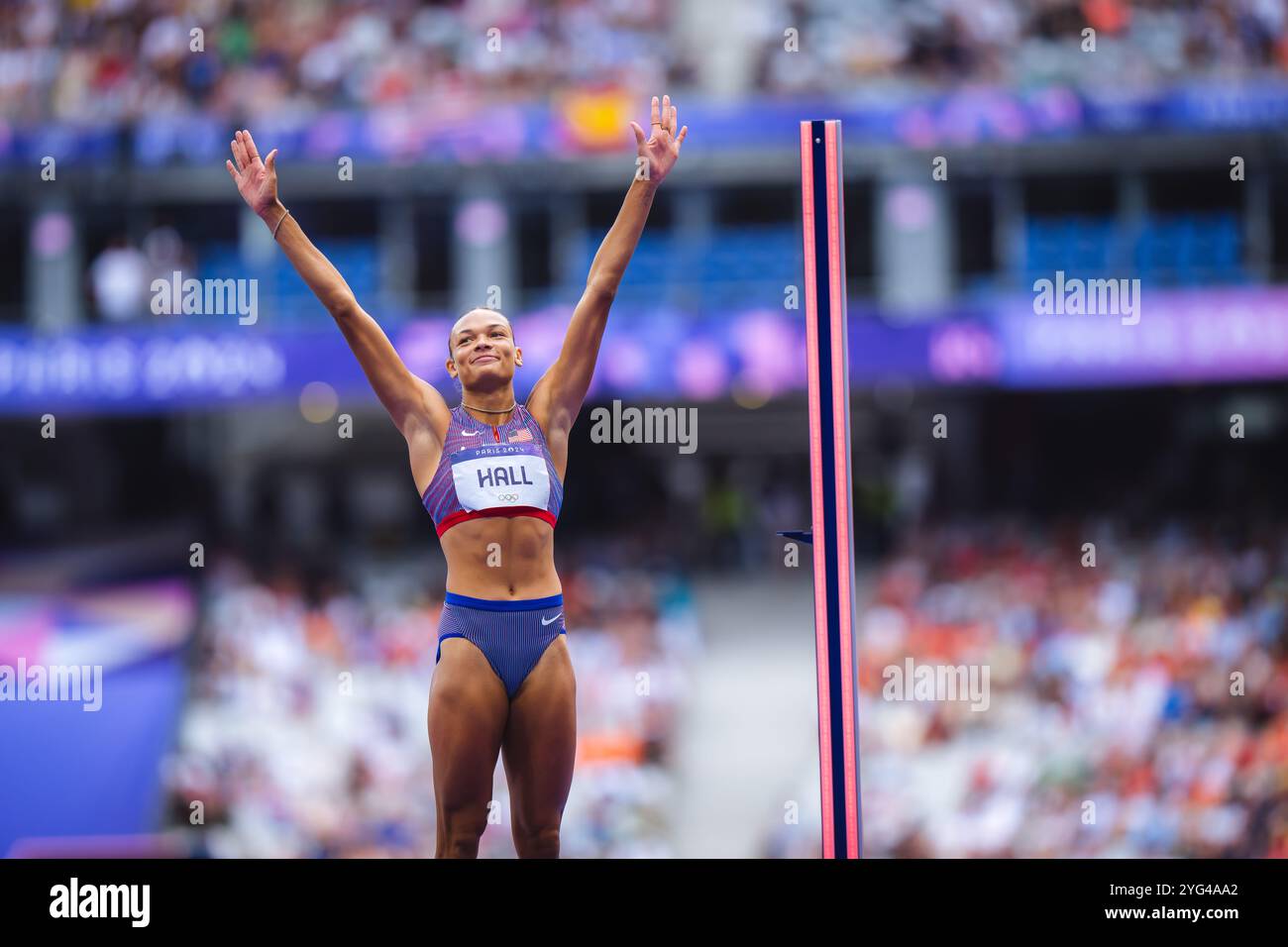 Anna Hall participating in the high jump at the Paris 2024 Olympic ...