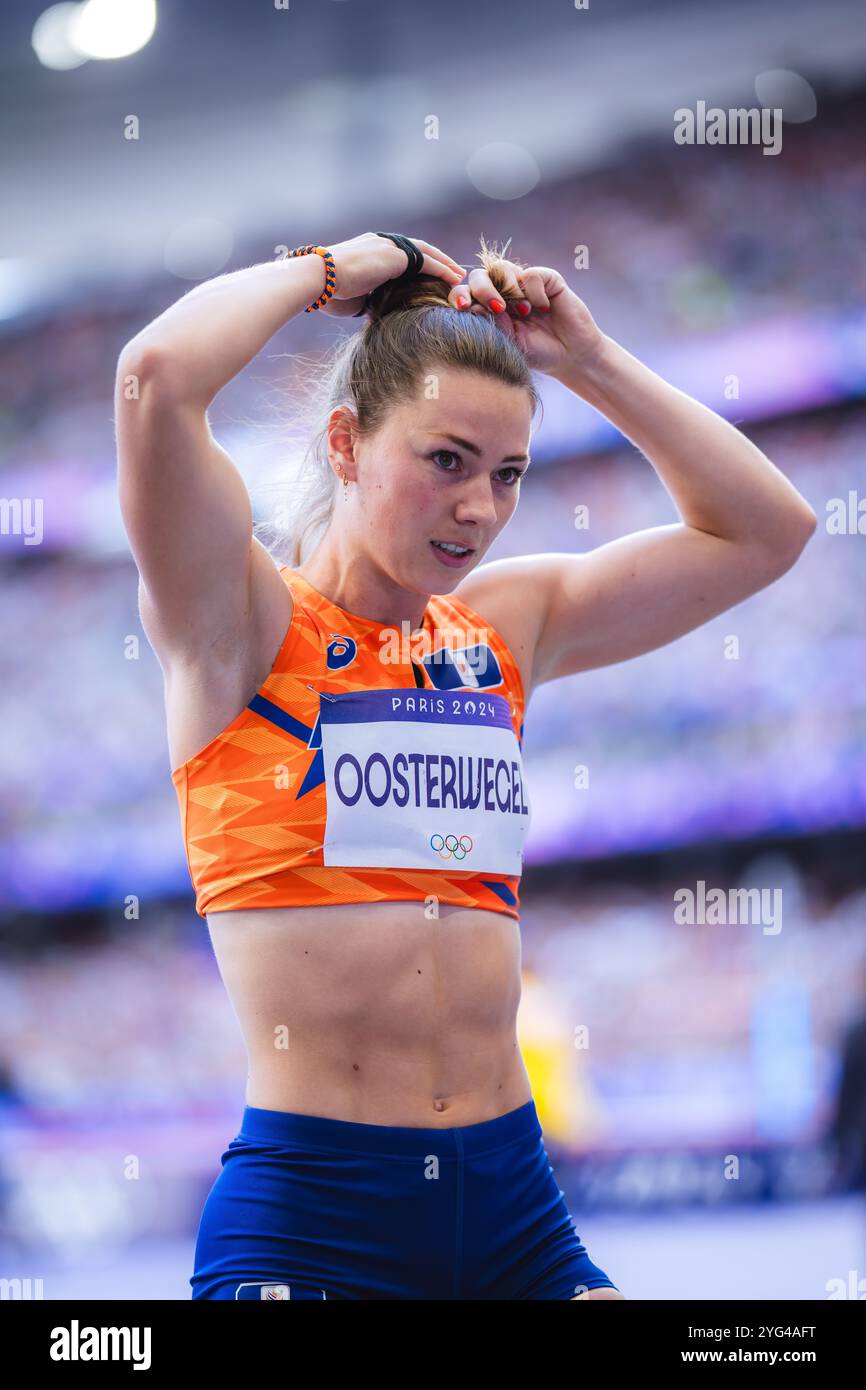 Emma Oosterwegel participating in the high jump at the Paris 2024 ...