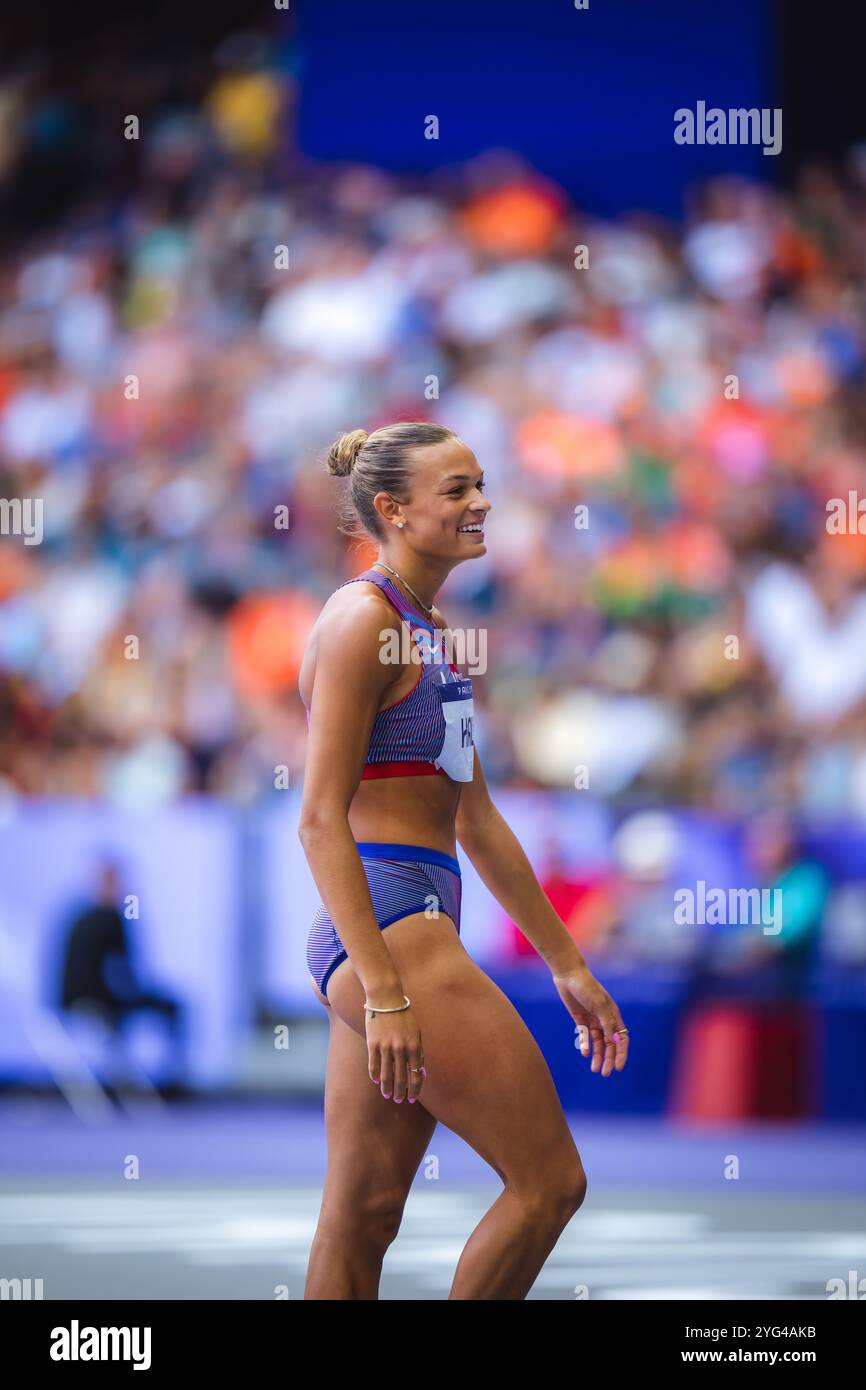 Anna Hall participating in the high jump at the Paris 2024 Olympic ...