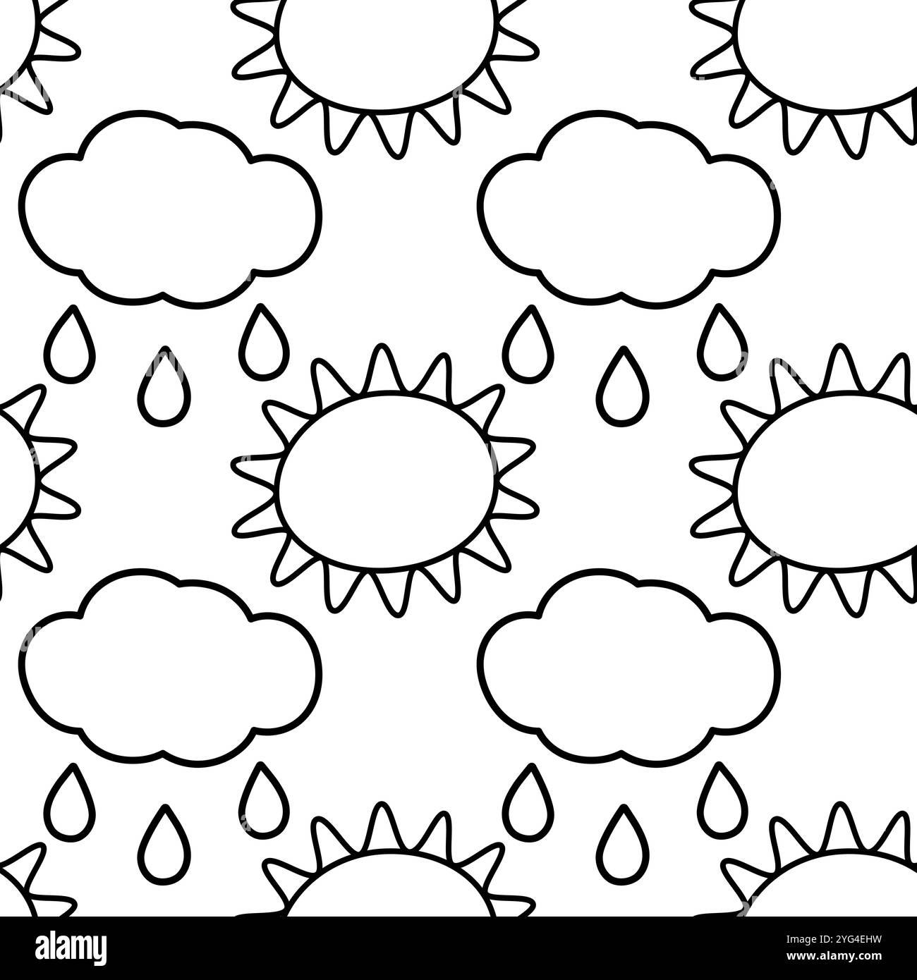 Outline sun with rays and cloud with drops Seamless pattern in trendy ...