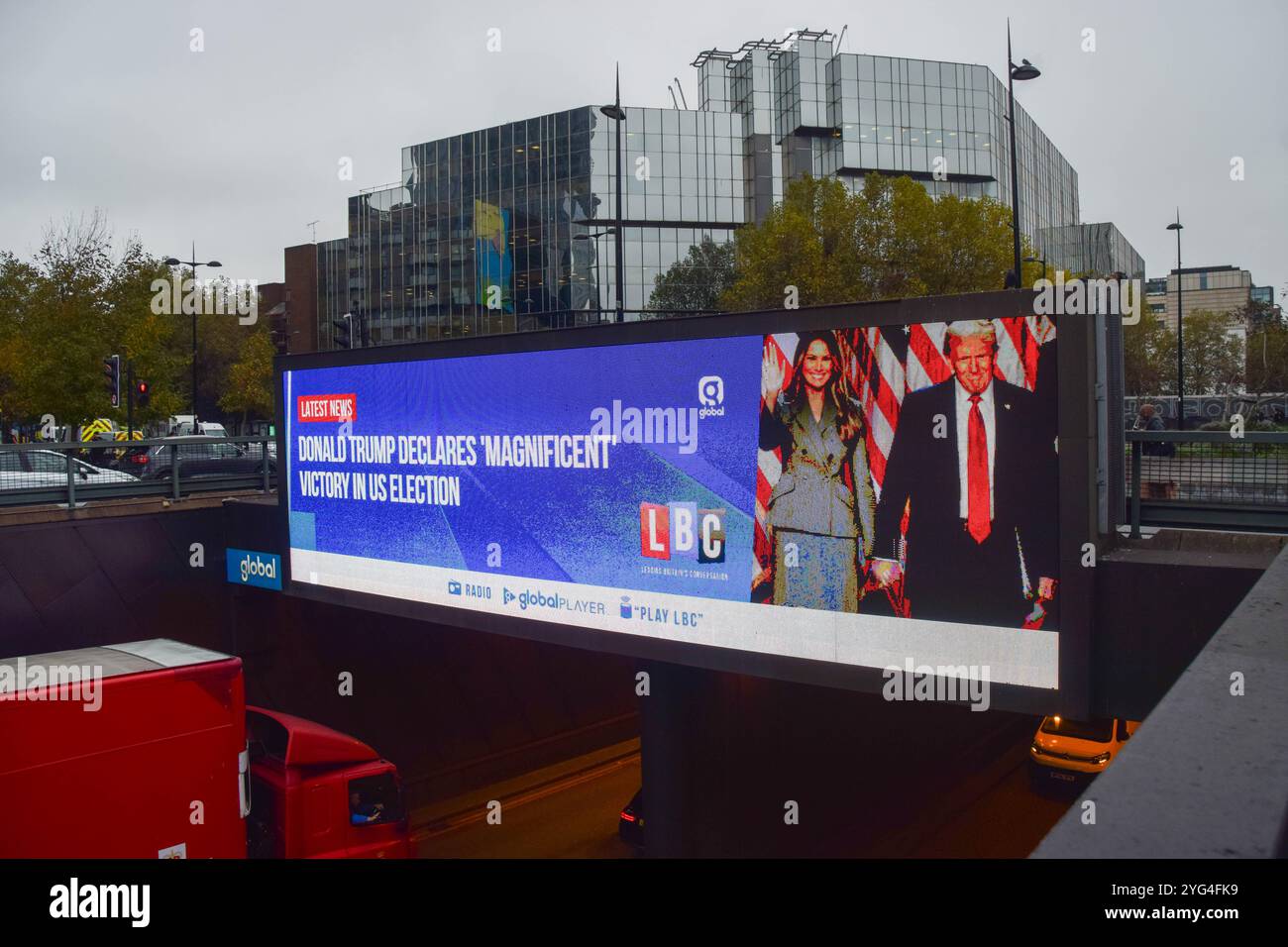 London, UK. 6th November 2024. A digital billboard in Central London ...