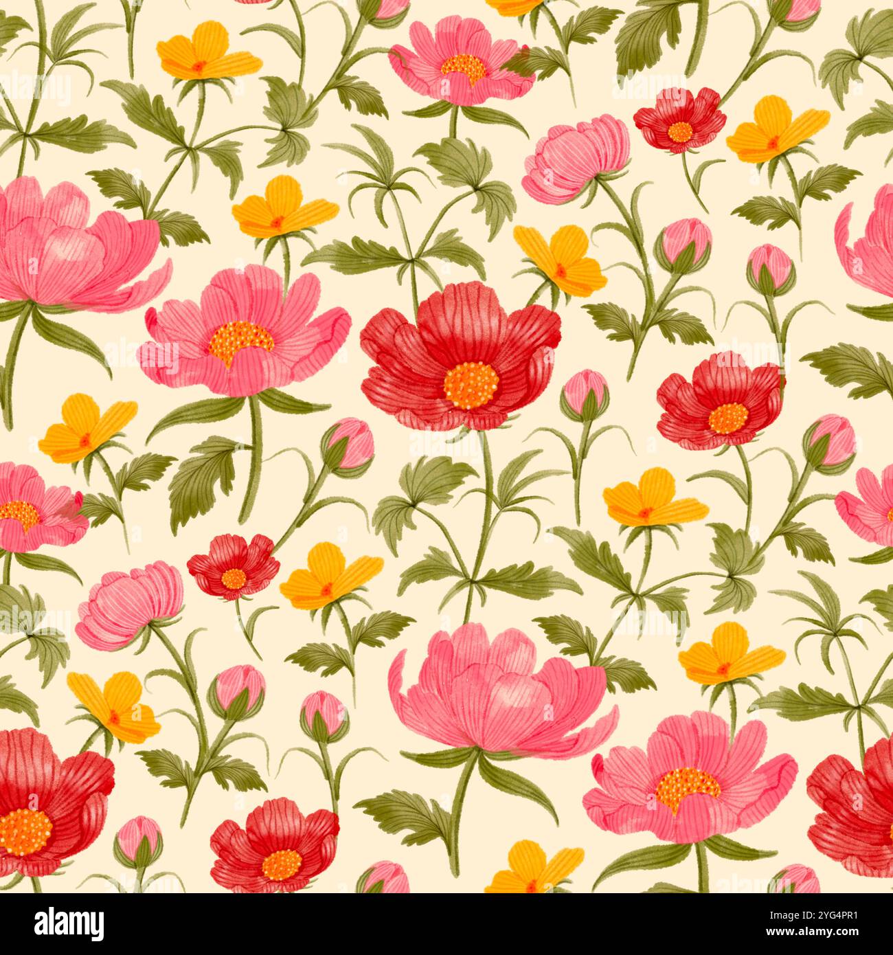 Summer Flowers Seamless Pattern, Hand Drawn Floral All Over Design ...