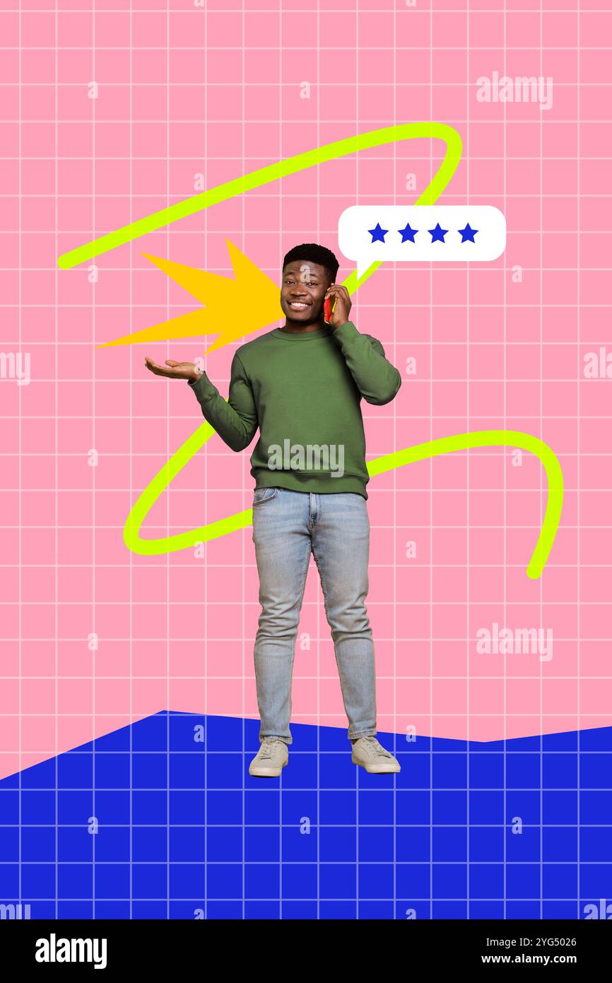 Vertical poster collage young man customer support smartphone call ...