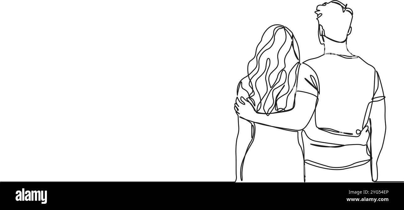 continuous single line drawing of young man and woman with arms around ...