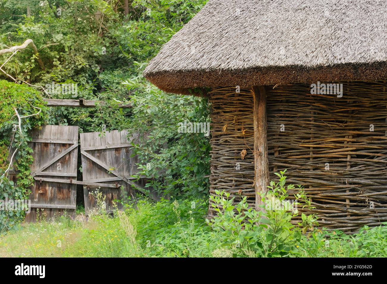 Old wooden gate and house in countryside. Thatched roof. Village ...