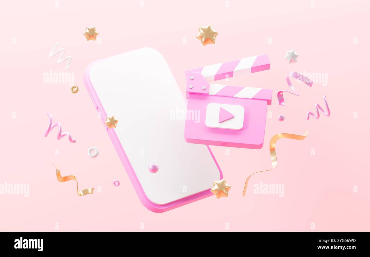 Cartoon clapper board and cellphone on pink background, online movie ...