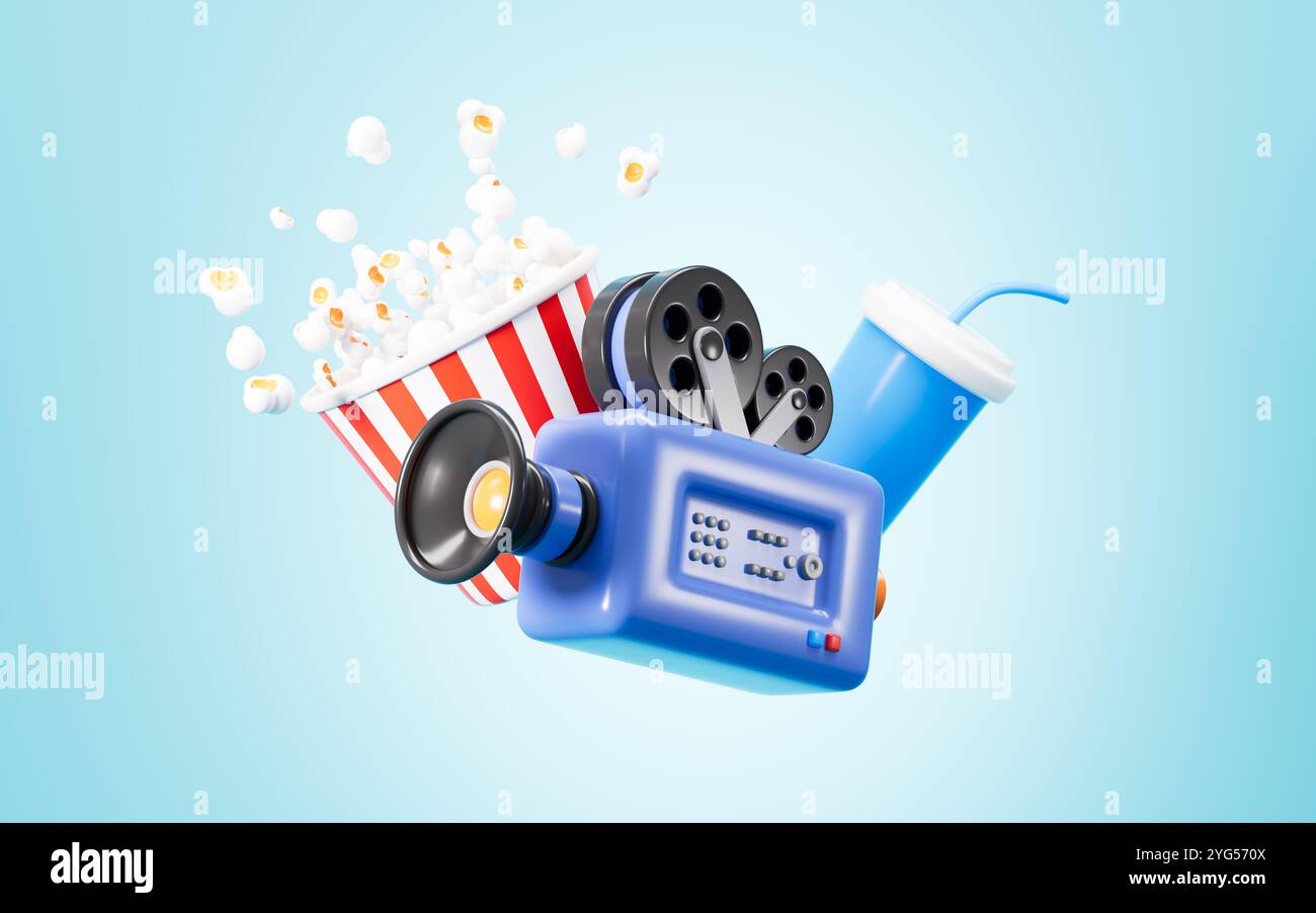 Cartoon video camera, popcorn, drinks and film tickets on the red ...