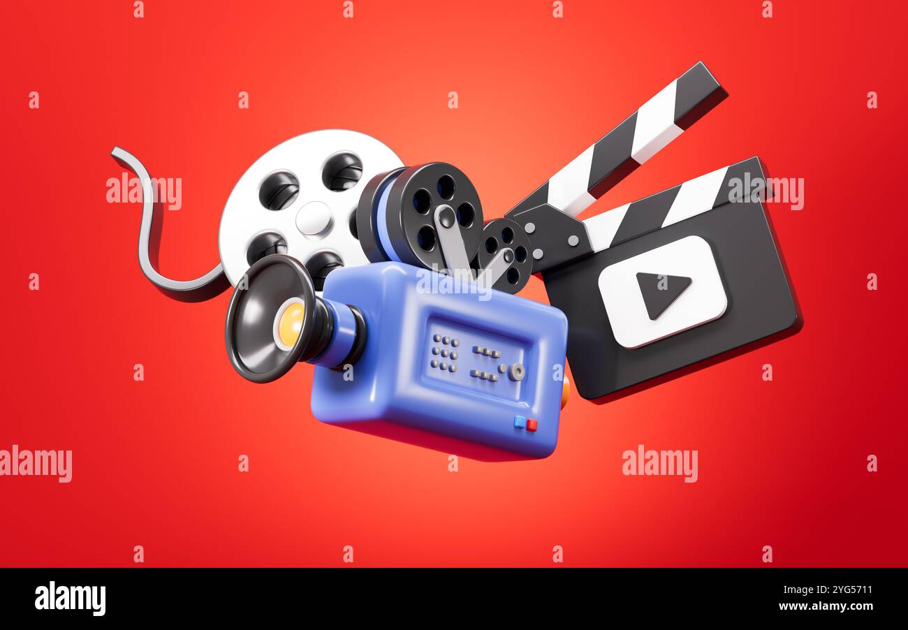 Cartoon film camera , film reel and clapper board on red background, 3d ...