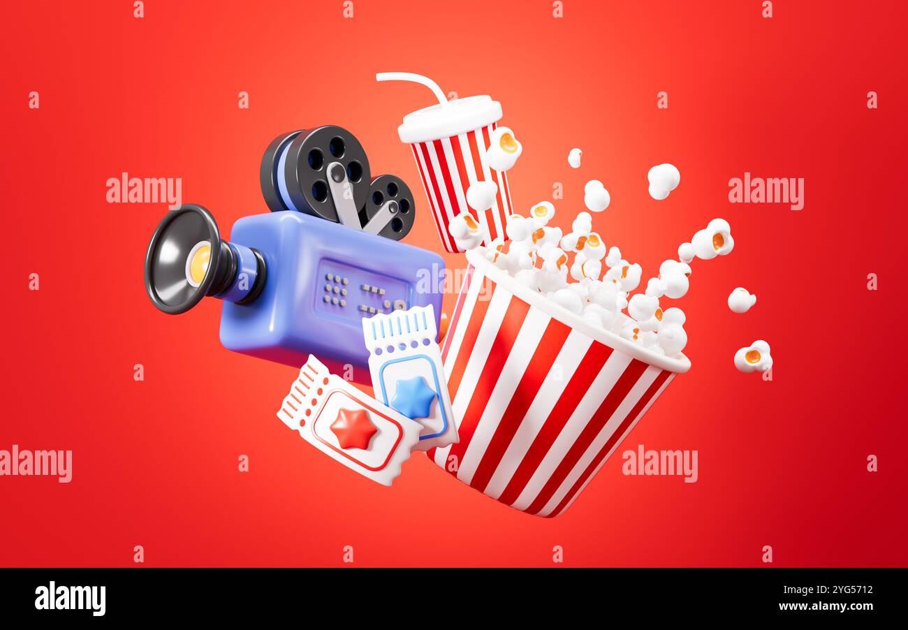Cartoon video camera, popcorn, drinks and film tickets on the red ...