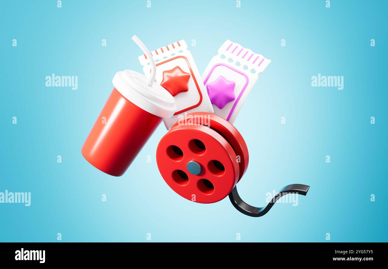 Cartoon film reel model and film tickets on blue background, 3d ...