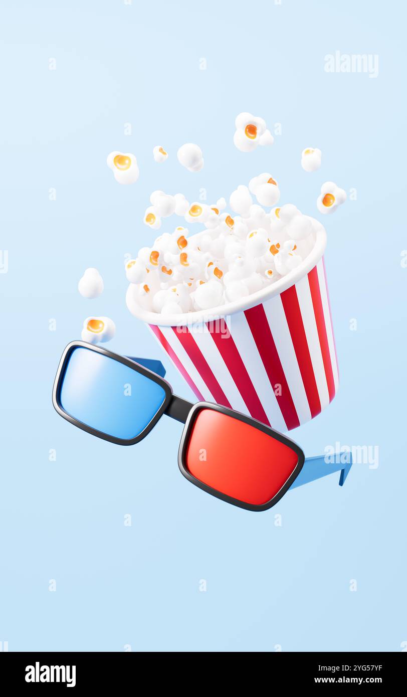 Cartoon popcorn and 3d glasses on the blue background, concept of ...