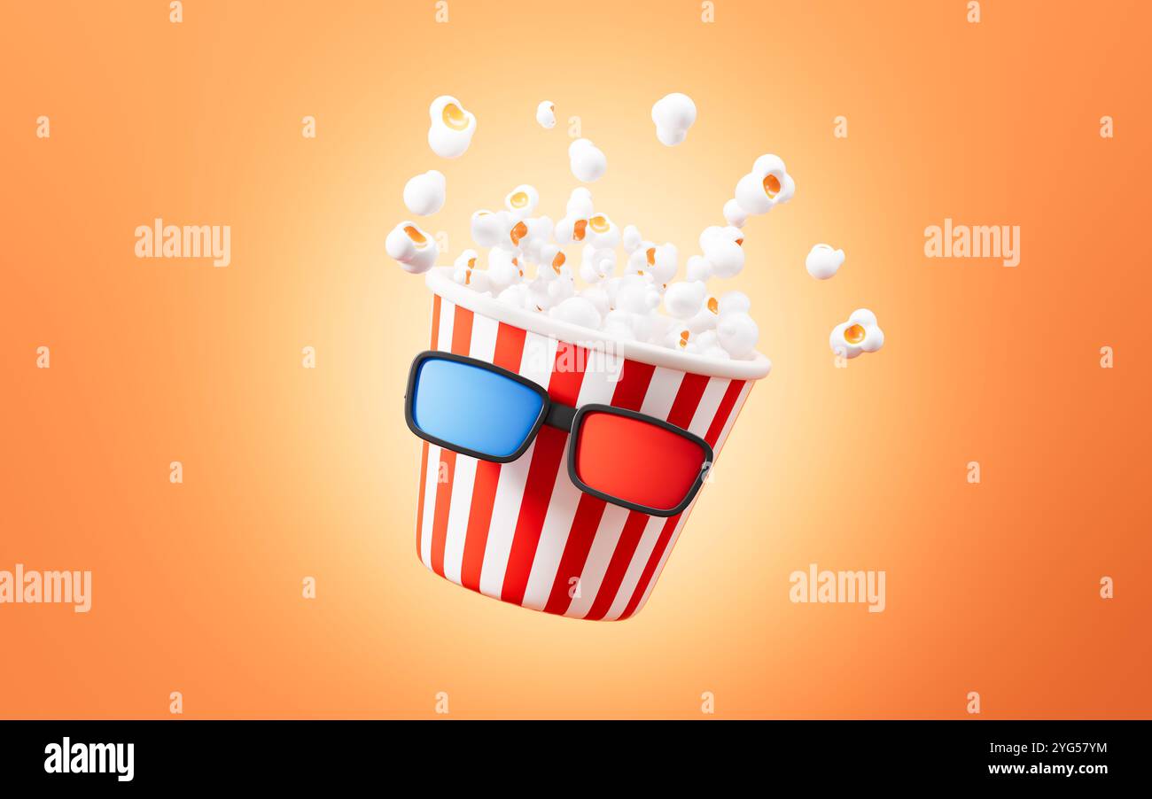Cartoon popcorn and 3d glasses on the blue background, concept of ...