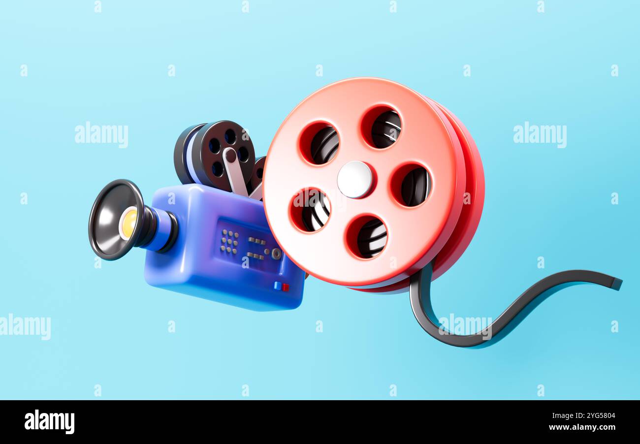 Cartoon film camera and film reel on green background, 3d rendering. 3d ...