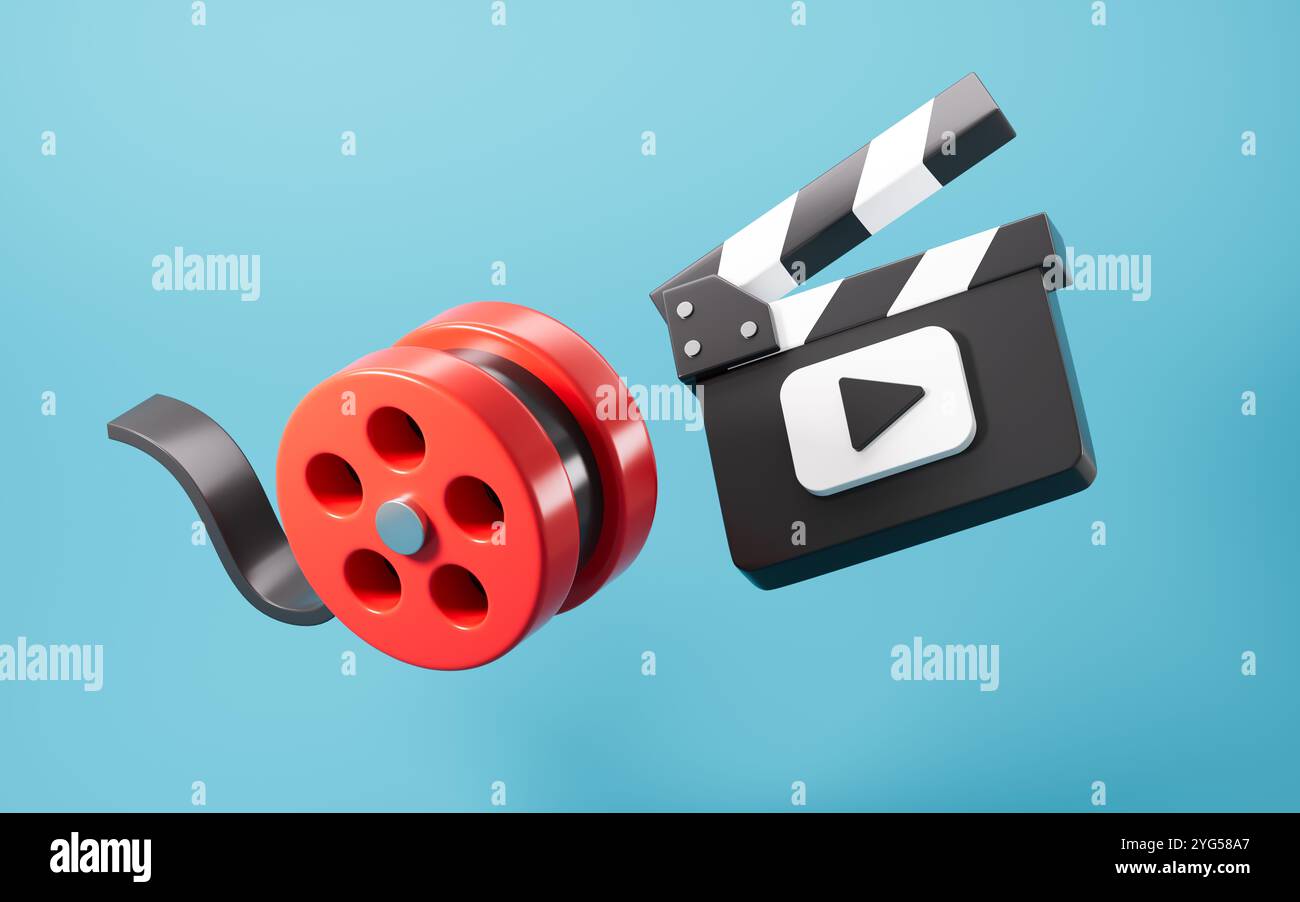 Cartoon film reel and clapper board on cyan background, 3d rendering ...