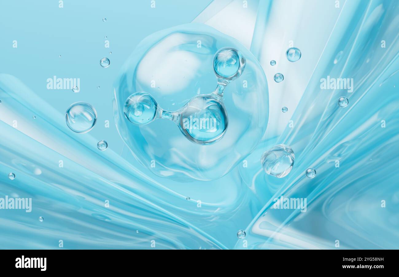 Cyan glass spheres, abstract molecules with glass background, 3d ...