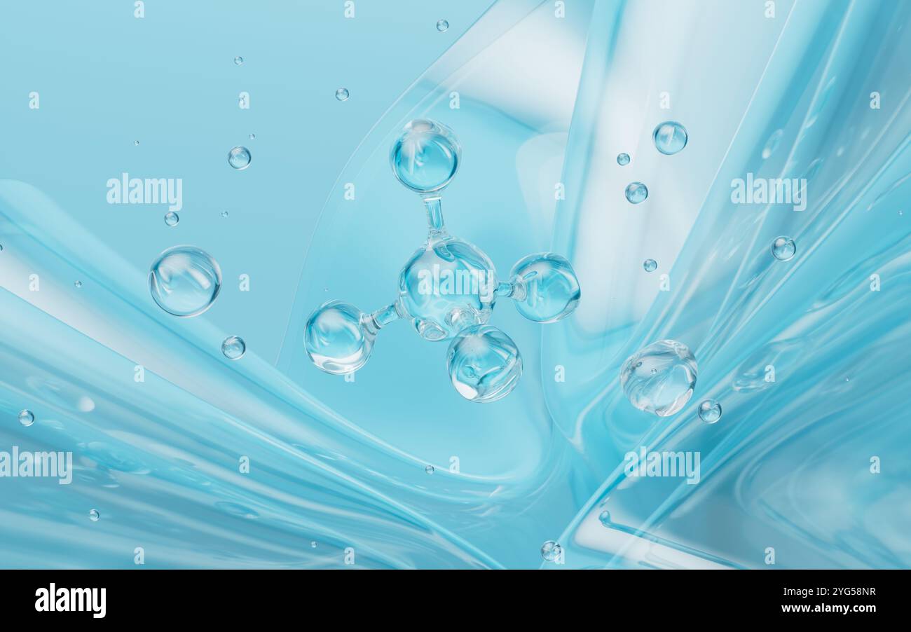 Cyan glass spheres, abstract molecules with glass background, 3d ...