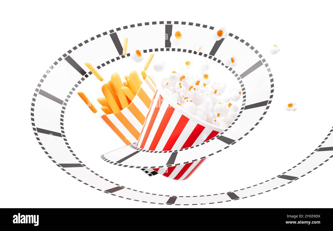 Cartoon popcorn and french fries on the white background, 3d rendering ...