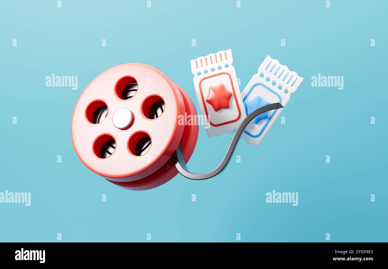 Cartoon film reel model and film tickets on cyan background, 3d ...