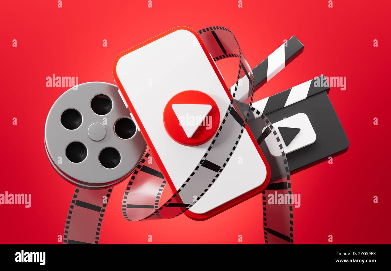 Cartoon film roll surrounds the phone, film reel and clapper board on ...