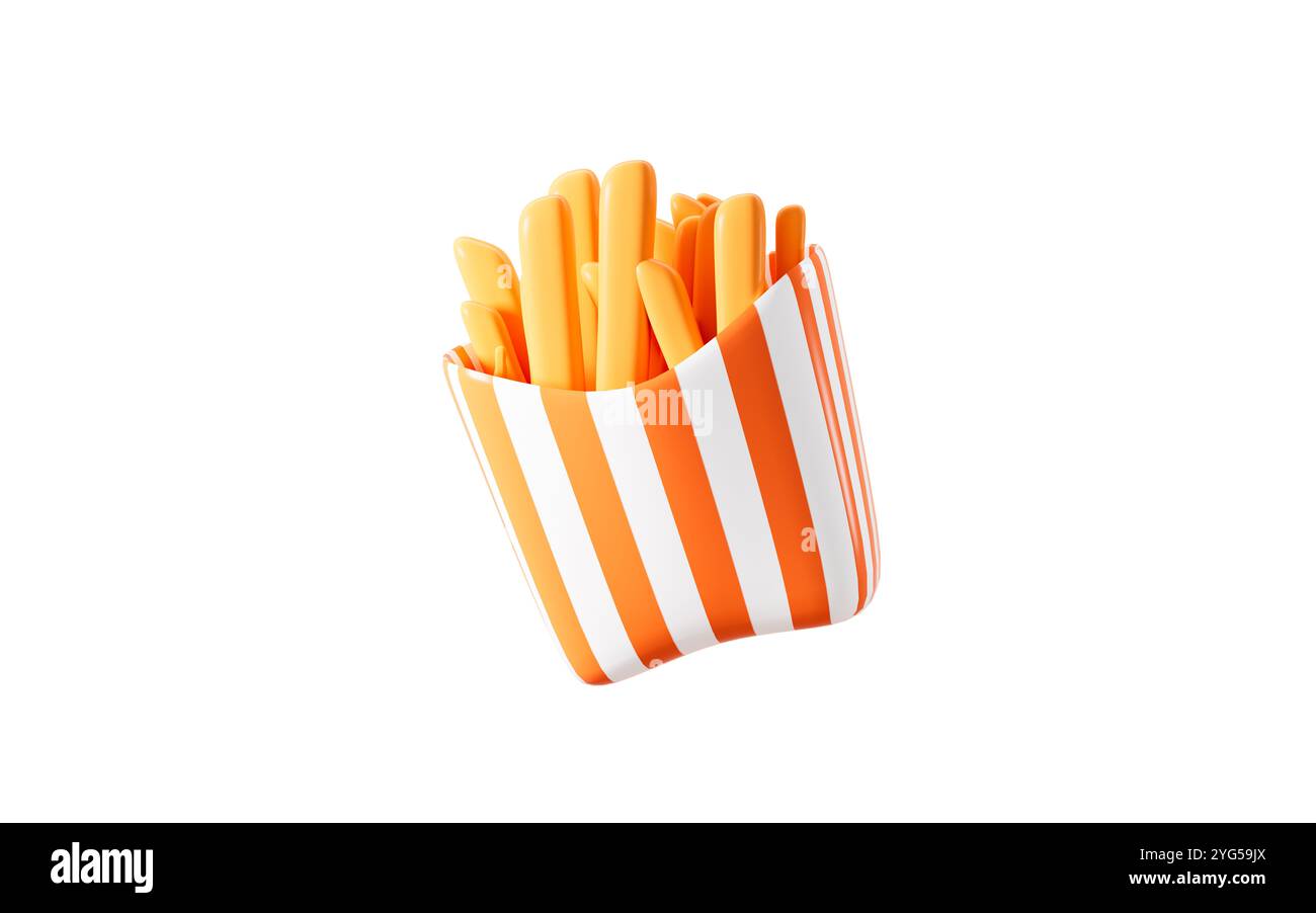 French fries in striped paper bucket isolated on white background, 3d ...