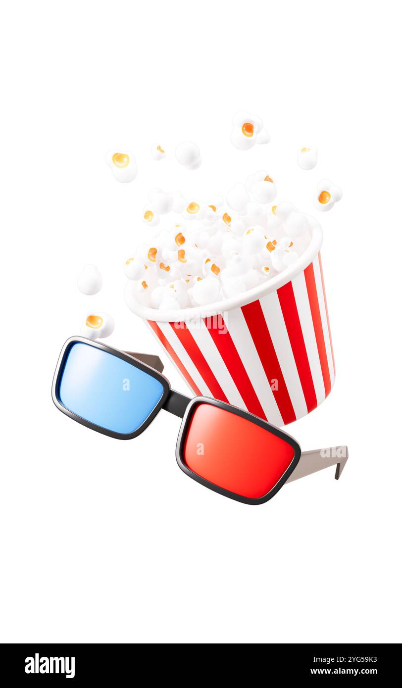 Cartoon popcorn and 3d glasses on white background, concept of online movie viewing, 3d ...
