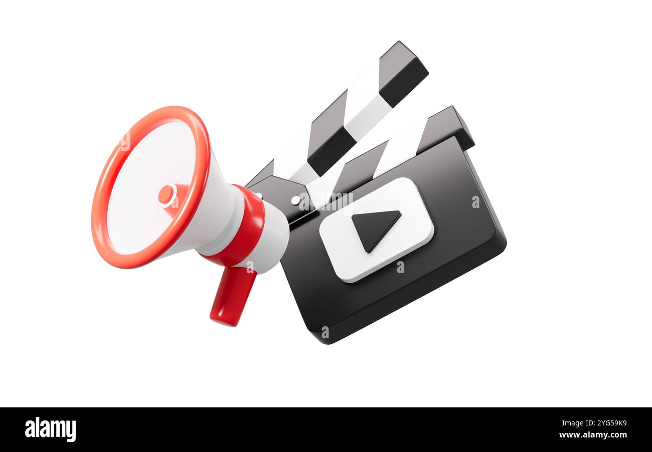 Cartoon clapper board and microphone, film shooting concept, 3d ...