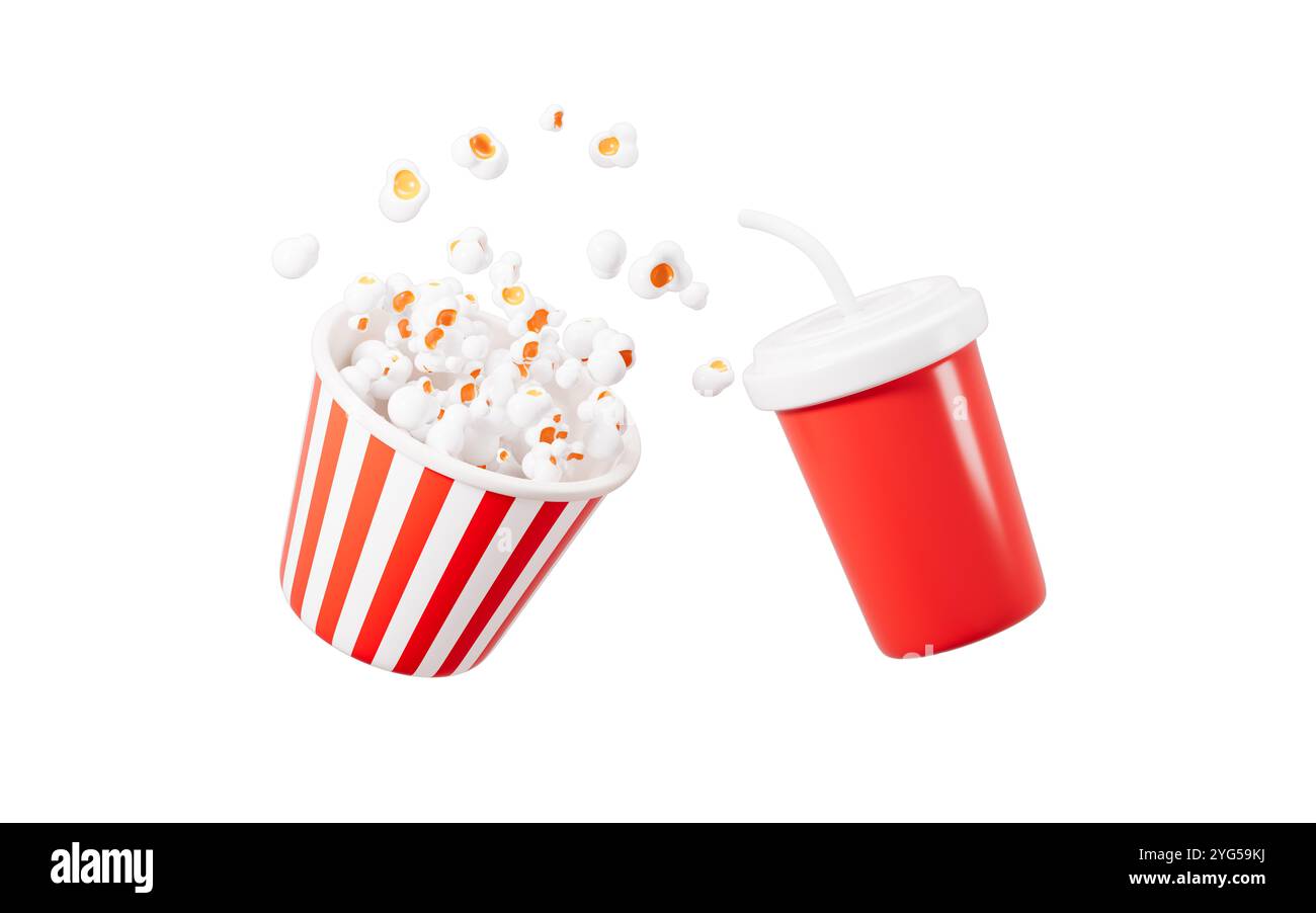 Cartoon popcorn and drinks on the orange background, 3d rendering. 3d ...