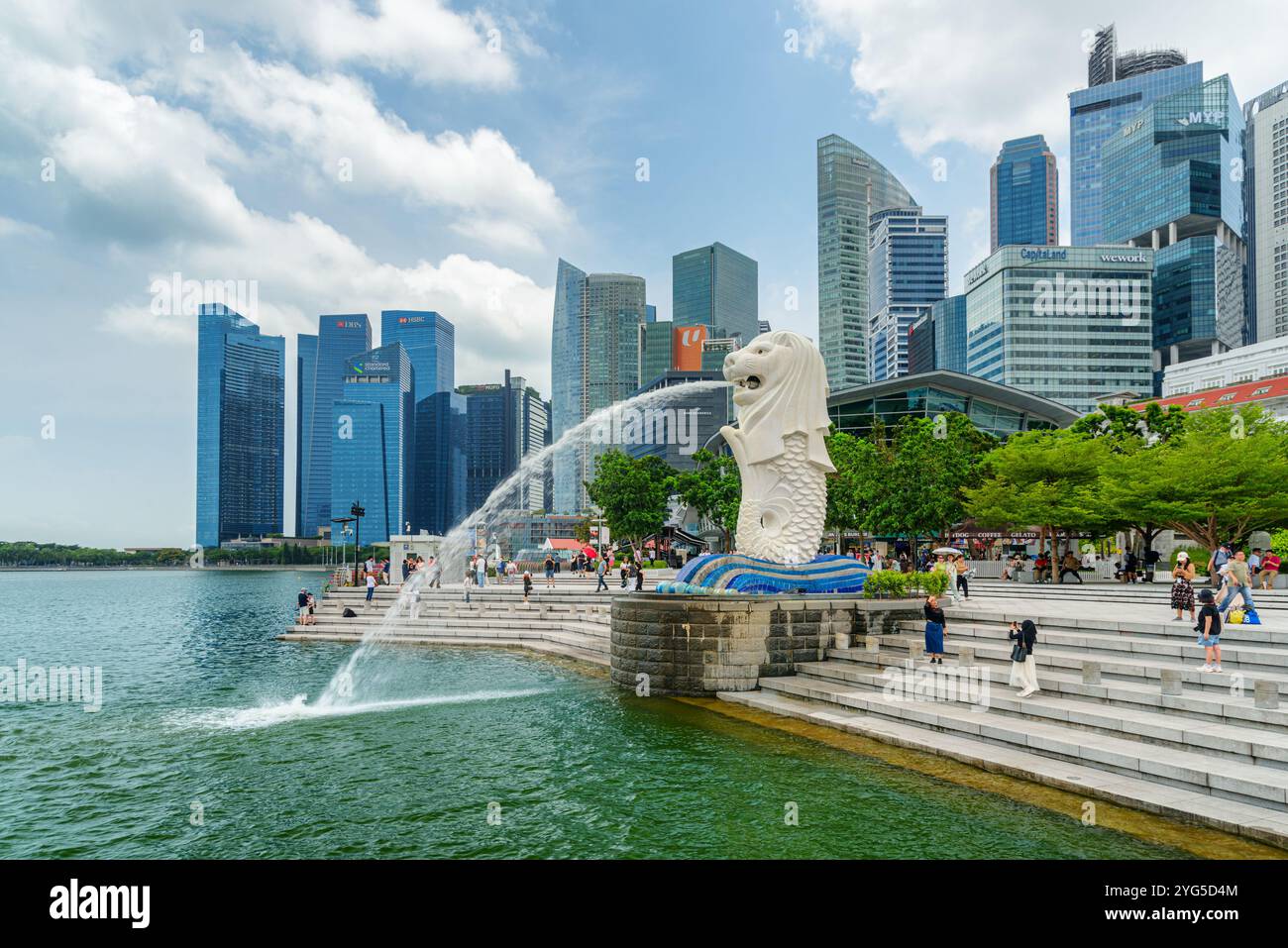 Scenic view of the Merlion on skyscrapers background, Singapore Stock ...