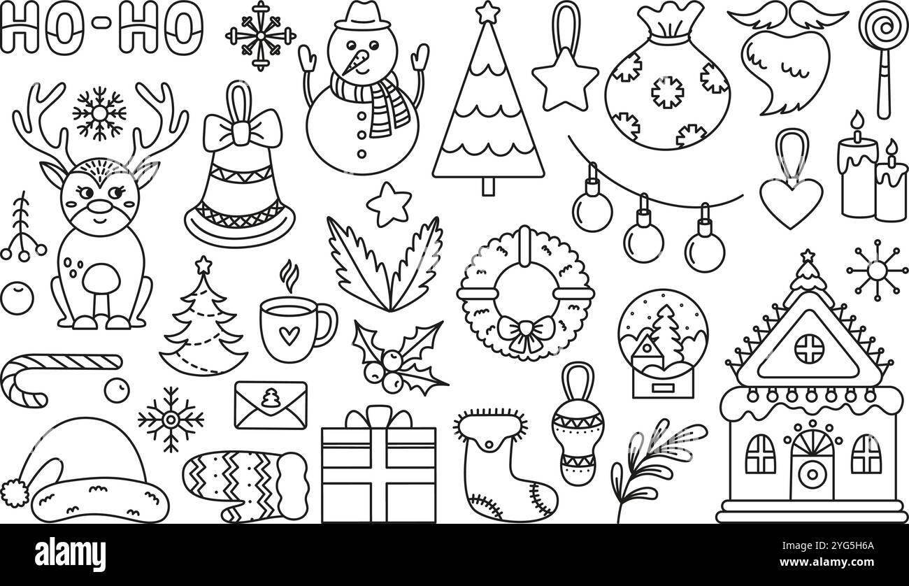 Children coloring page christmas. Outline deer snowman garland xmas ...