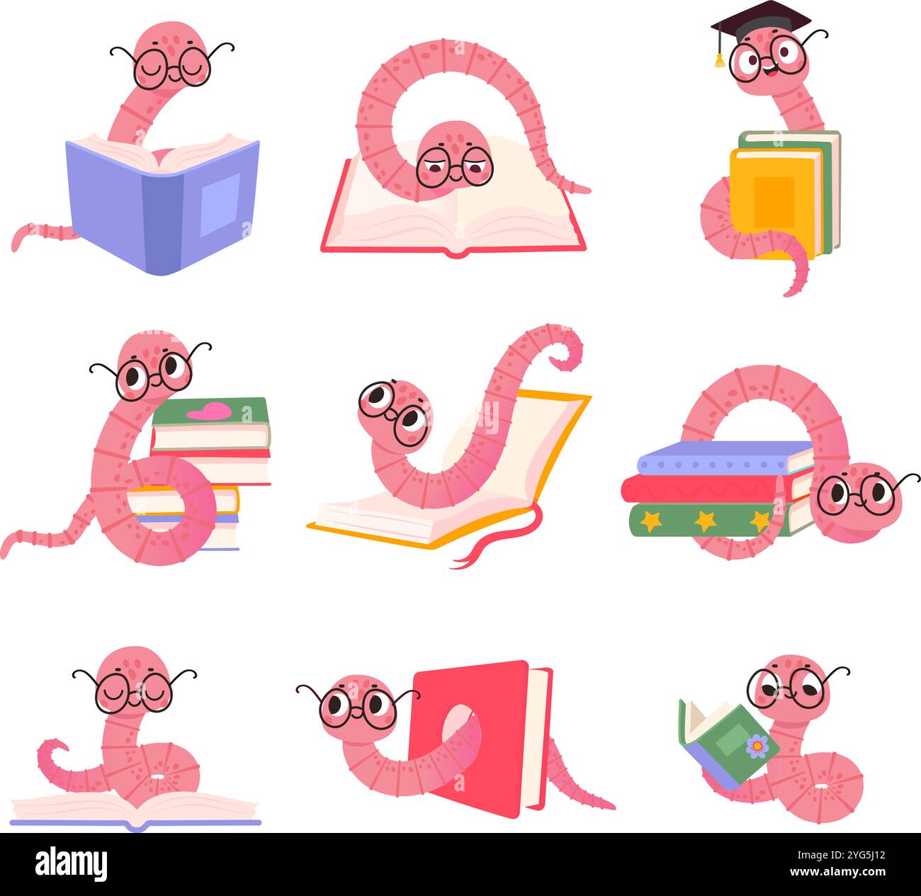 Funny bookworms characters. Cute bookworm and pile of books. Tiny pink ...