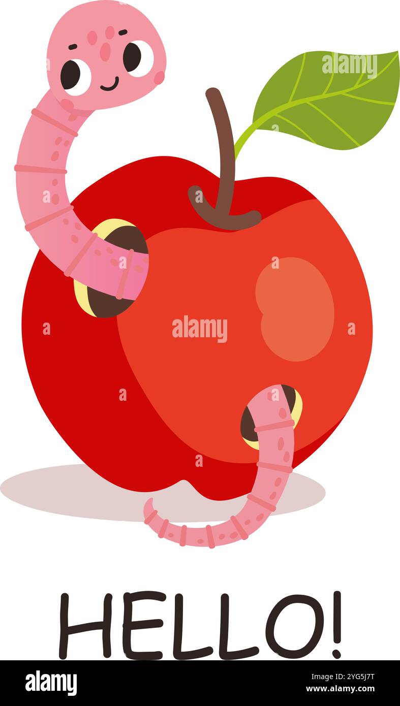 Worm and apple. Printable card with funny worm in red fruit. Fresh ...