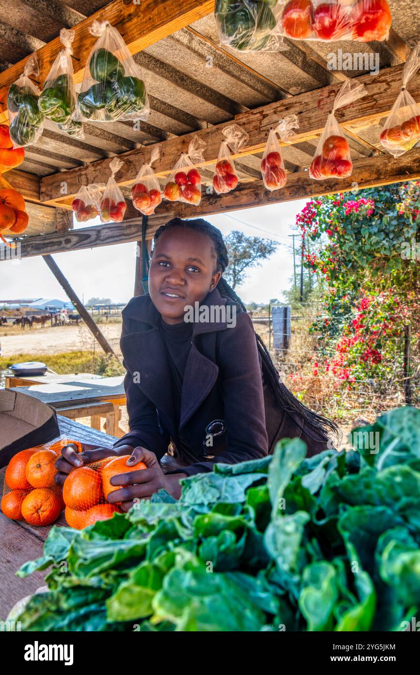 Happy African street vendor hawker village , woman with braided hair ...