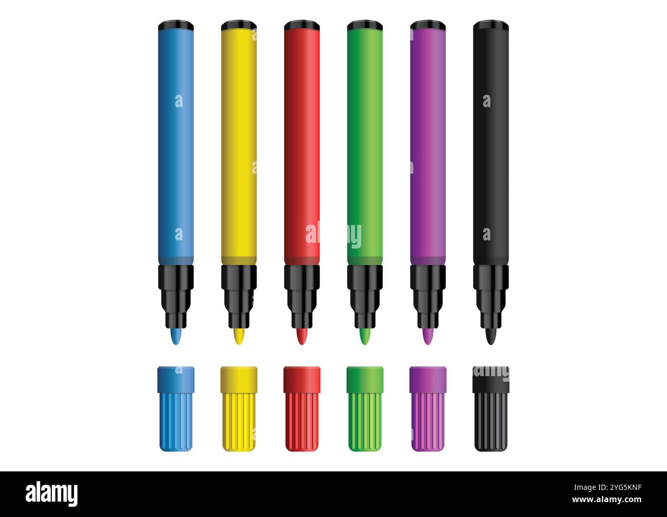 Set of Six Realistic Marker Colors Vector Flat Design, Isolated on ...