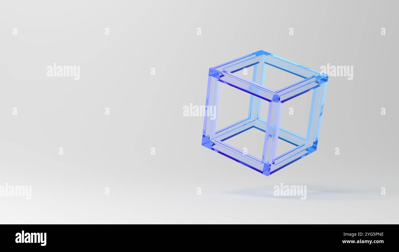 Abstract hollow cube. Glassmorphism. Blue and violet. Translucent. Copy space. 3d illustration ...