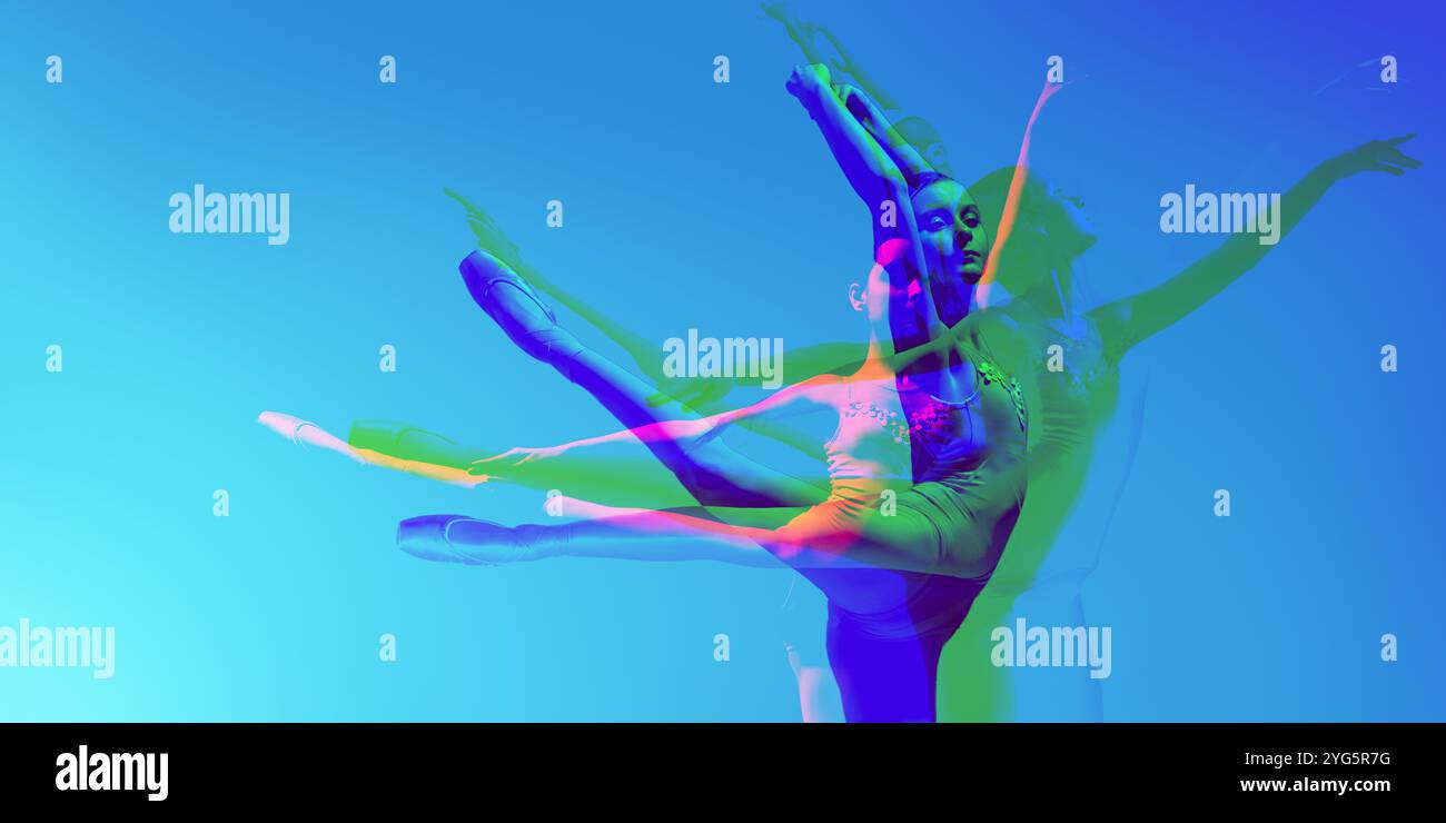 Ballet dancer dancing gracefully, with layered blue, green, and purple ...