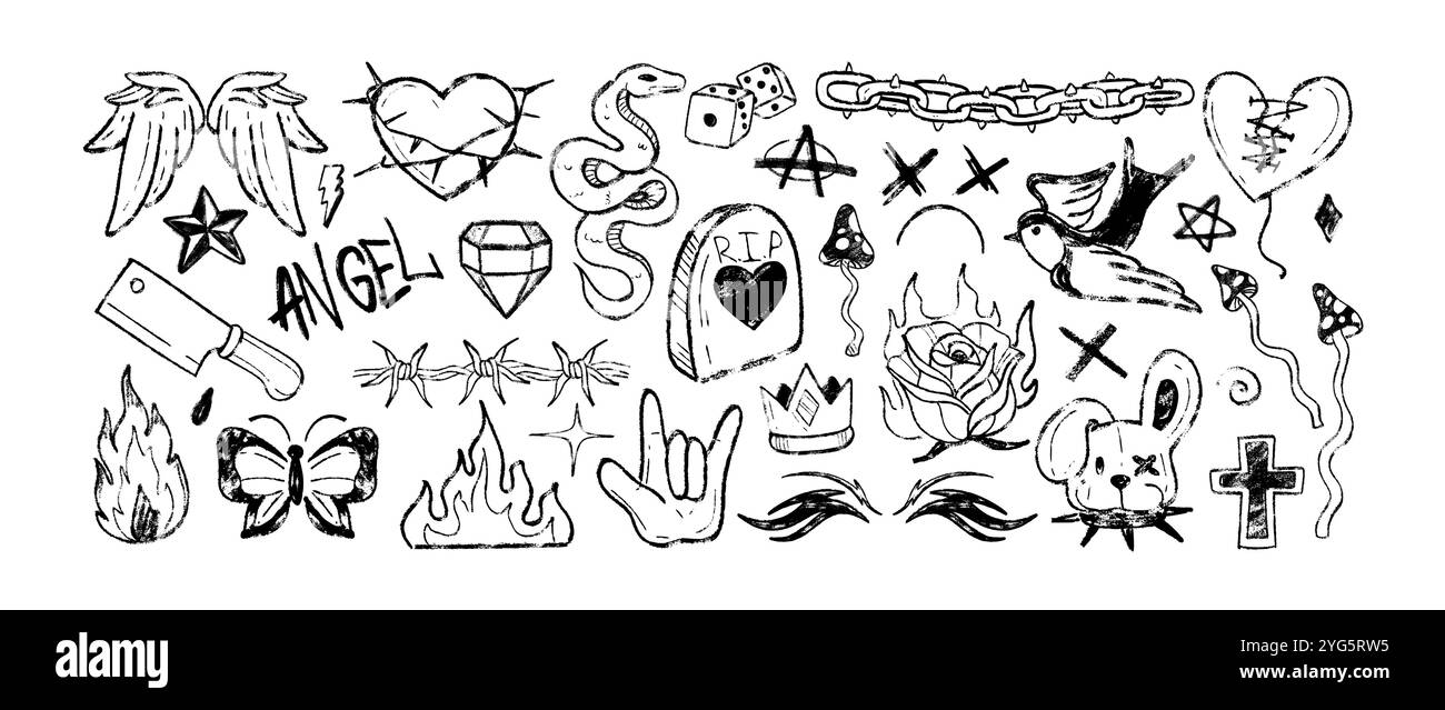 Crayon graffiti doodle rock symbols. Hand drawn y2k tattoo with fly ...
