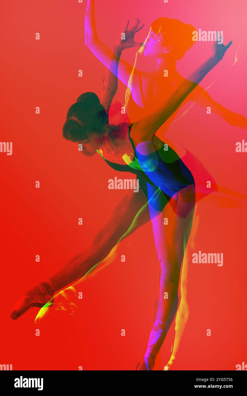 Contemporary dancer in dynamic pose, with layered red, green, and blue ...