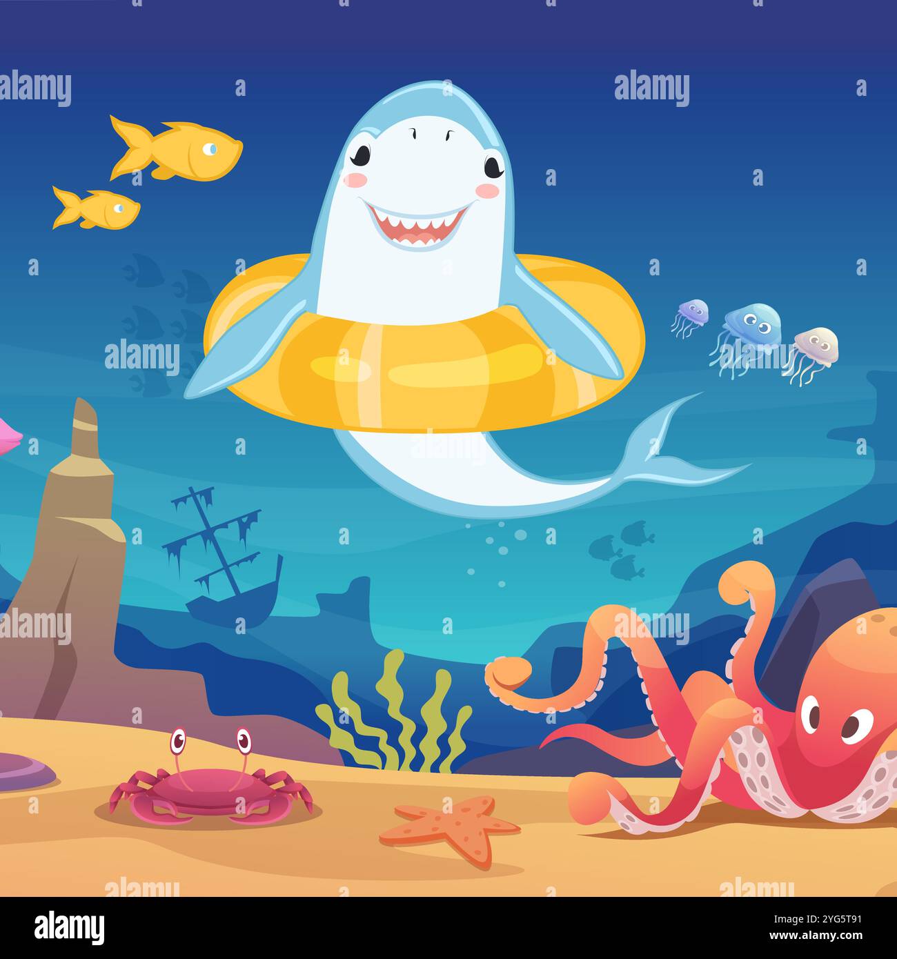 underwater life. funny cartoon shark with big smile swimming with ...
