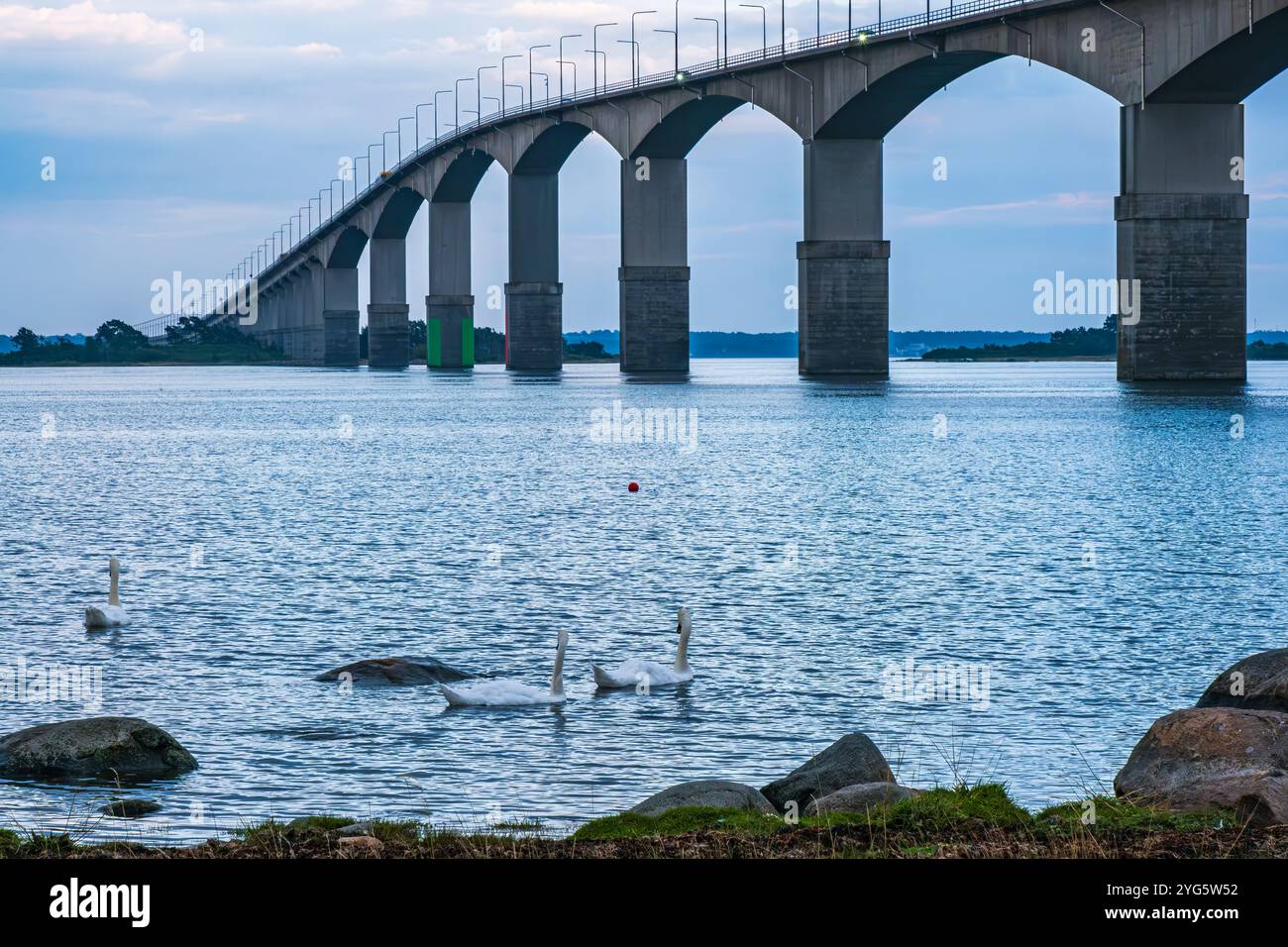 Atmospheric view of the Öland Bridge (Ölandsbron) in the evening lights ...