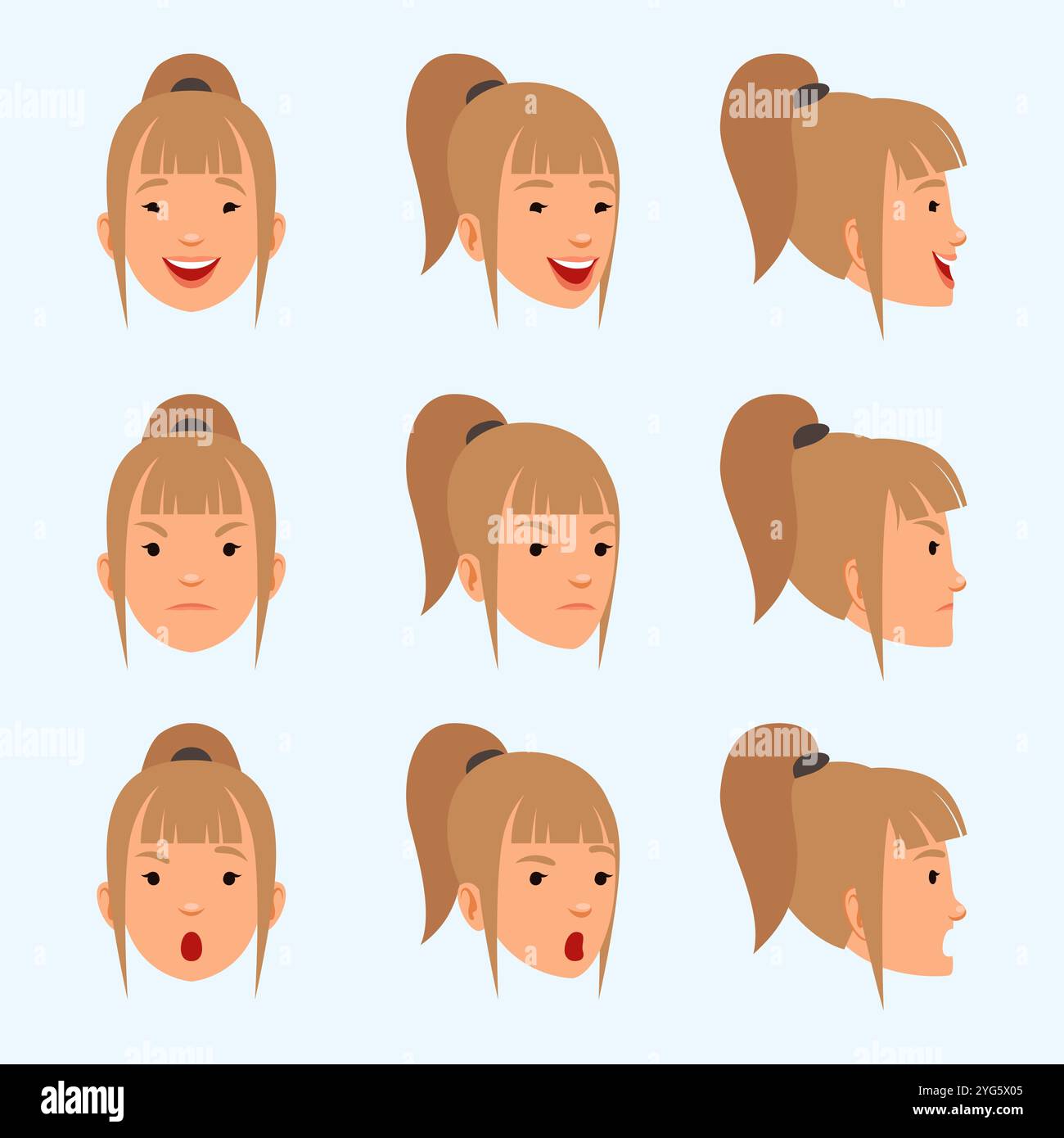 woman emotions. head with different angle views sad scary laugh ...