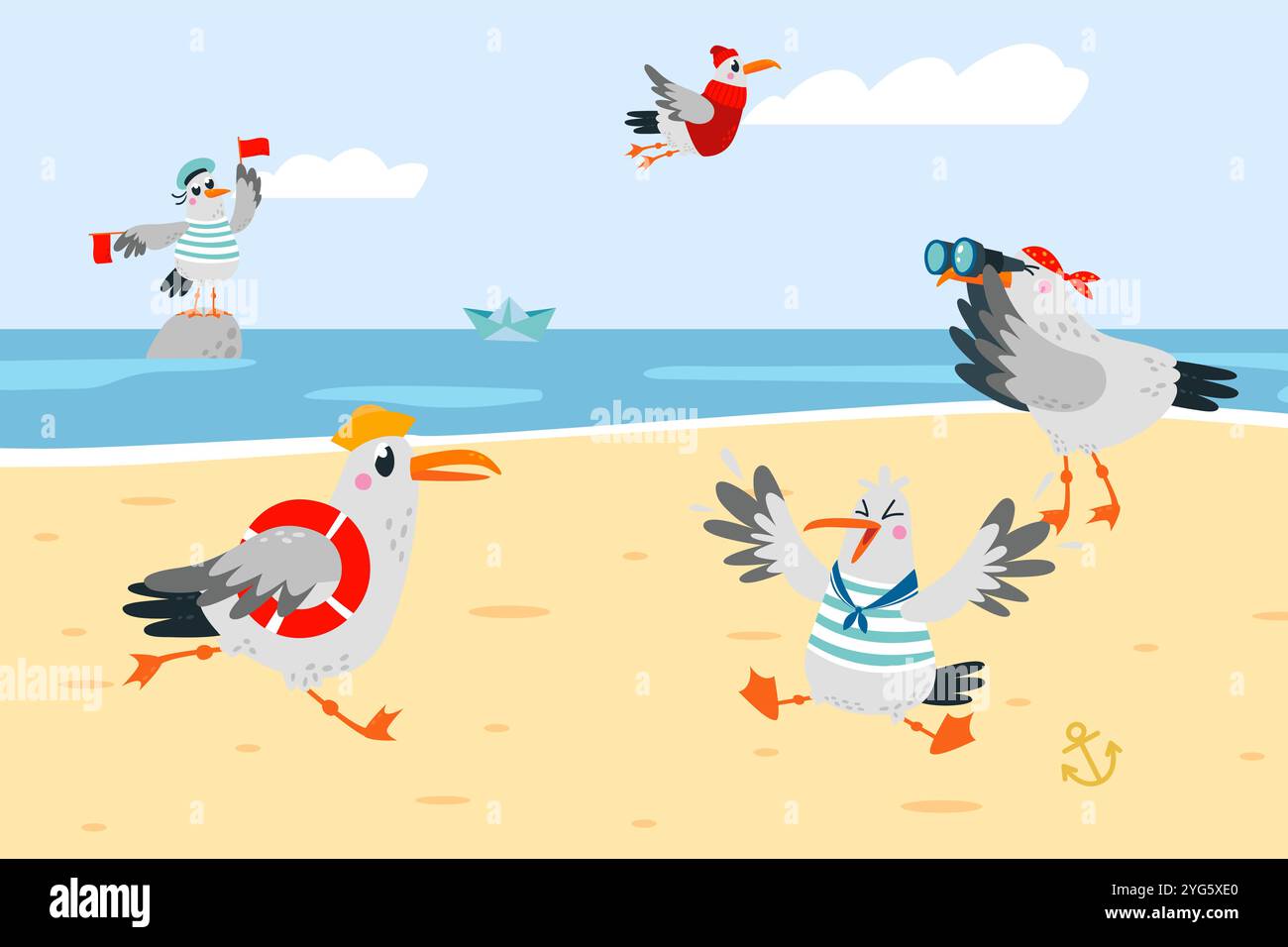 Funny seagulls. Cartoon seagull on ocean beach looking in binocular in ...