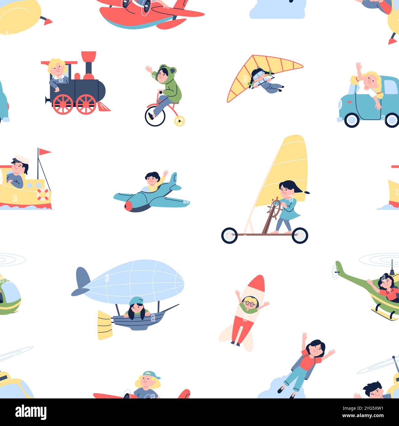 Children transport. Kids playing and driving various transport, flying ...