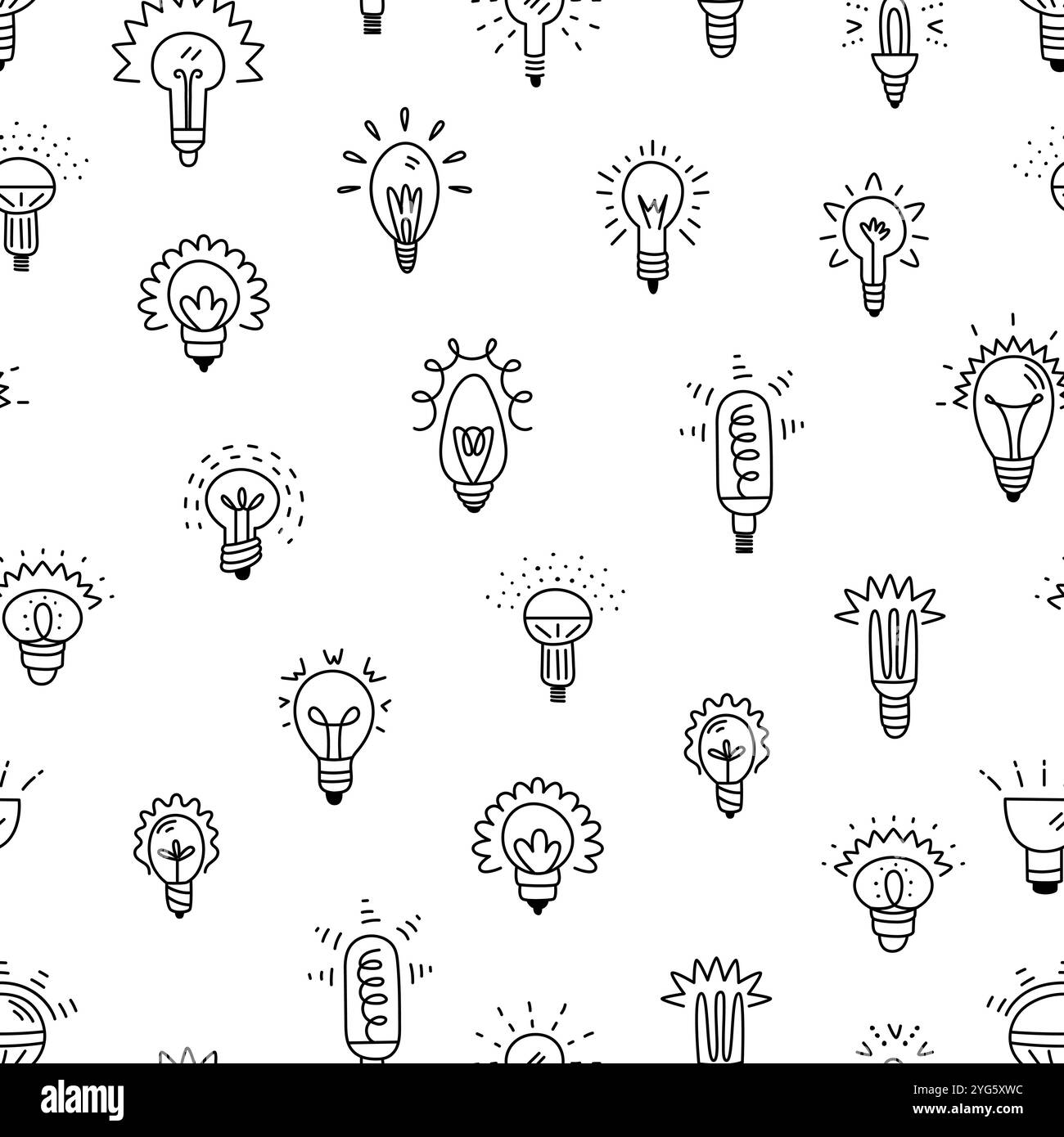 Lamp bulbs seamless pattern. Doodle light bulb various design with flashes and radiance ...