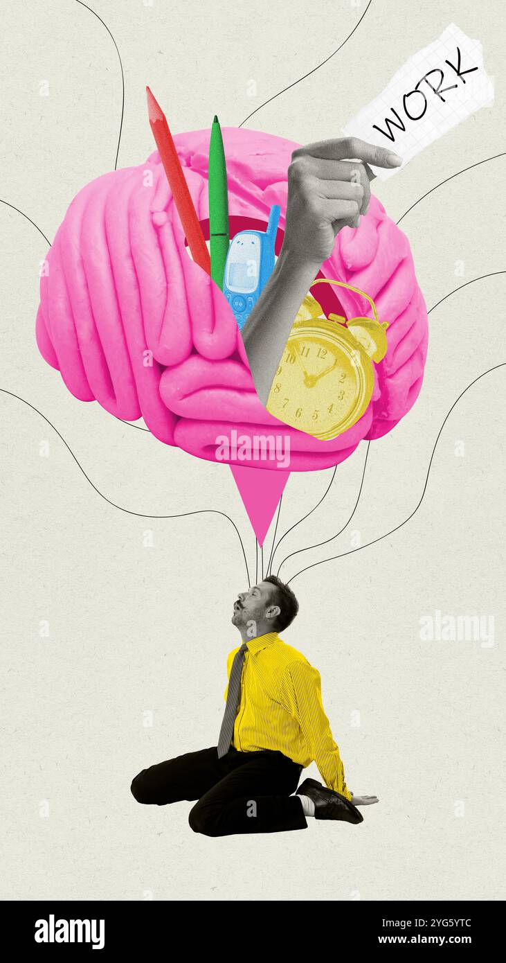 Contemporary art collage. Burnout. Overworked person beneath brain ...