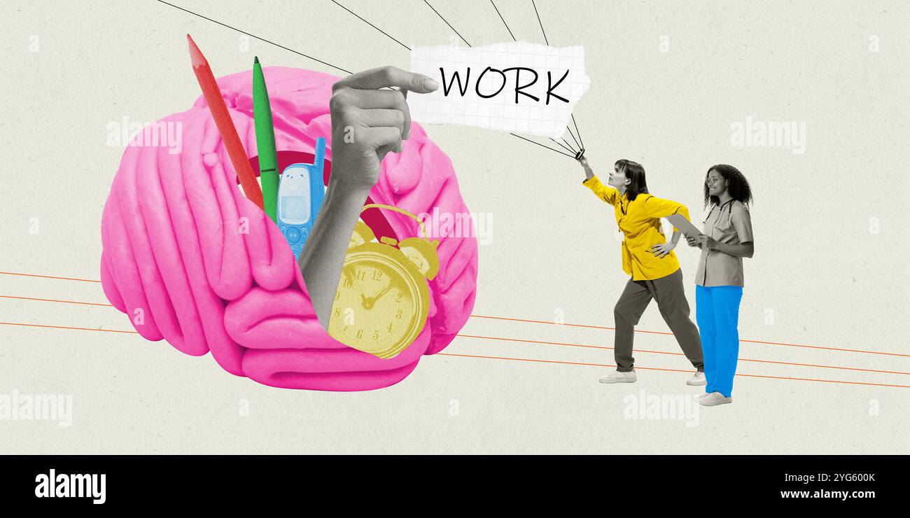 Contemporary art collage. Overloaded brain with Work sign and medical ...