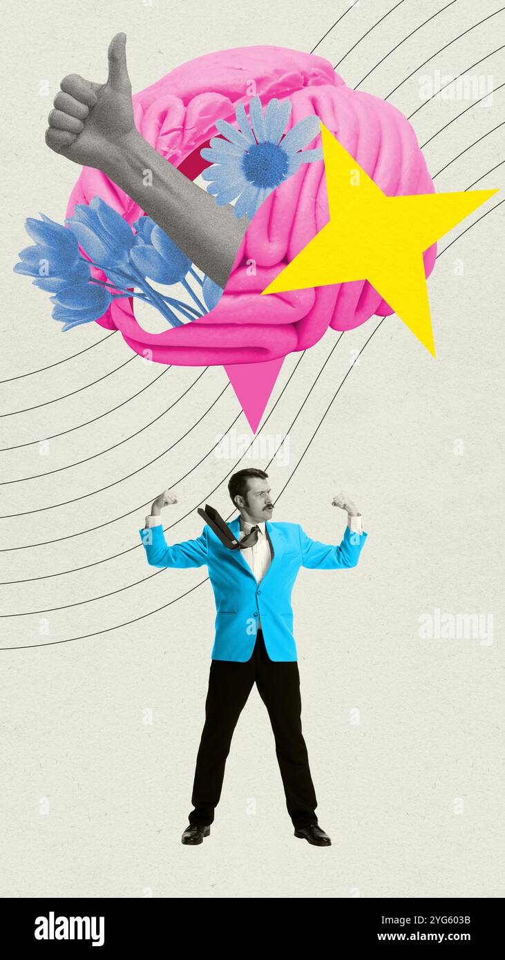 Contemporary art collage. Person standing under brain with positive ...
