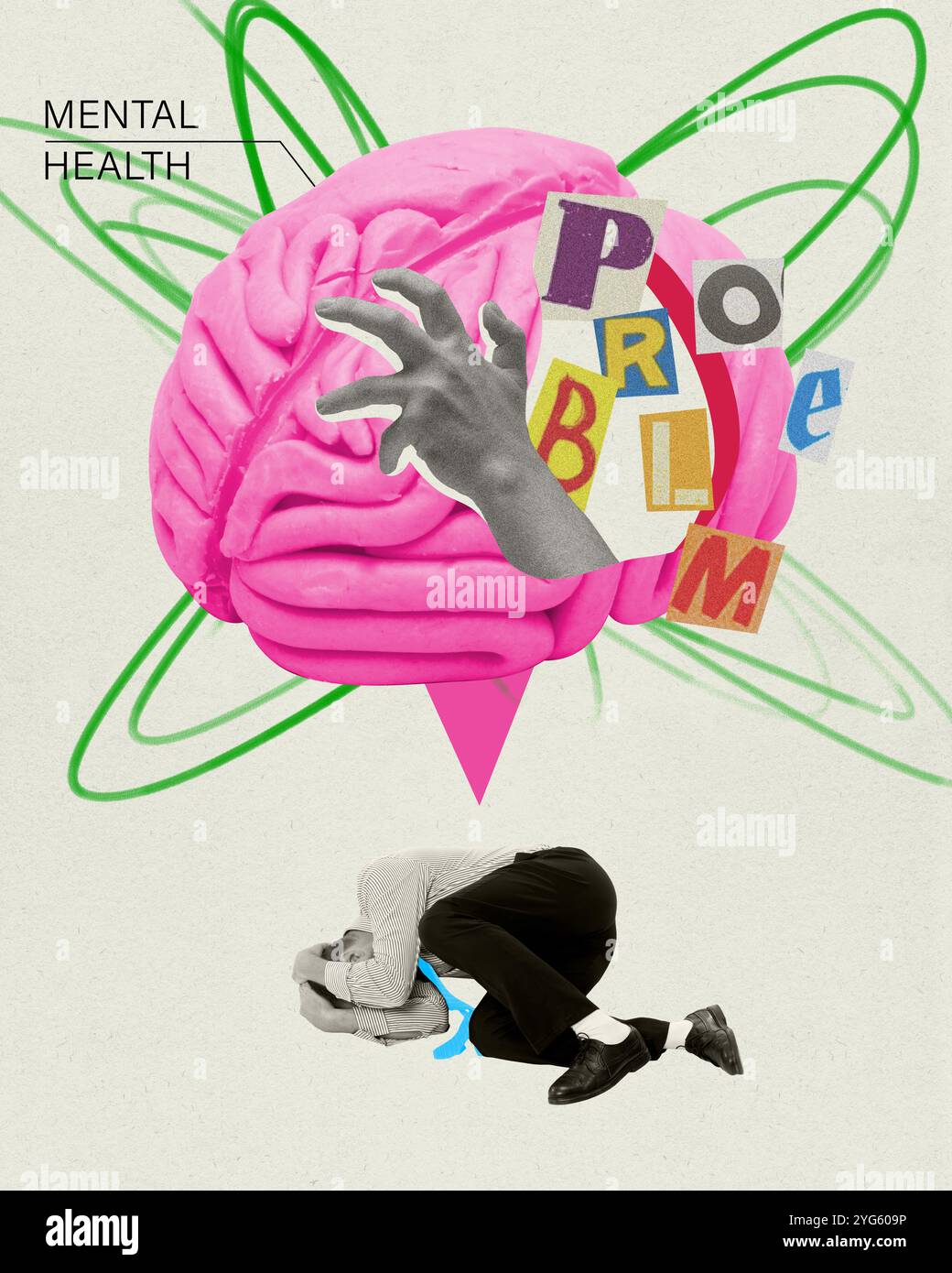 Contemporary art collage. Brain with Problem and person curled up ...