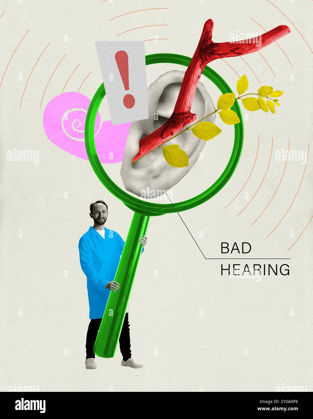 Contemporary art collage. Man holding magnifying glass under ear ...