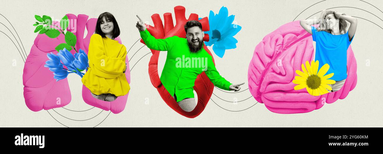 Contemporary art collage. Group of people around symbolic organs lungs ...