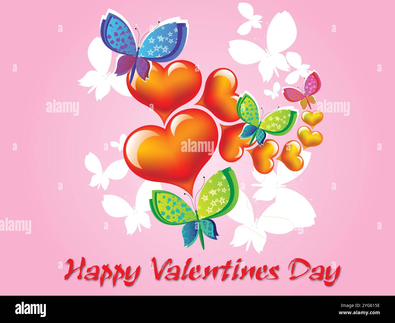 Pink background with butterflies and hearts. The butterflies are green ...